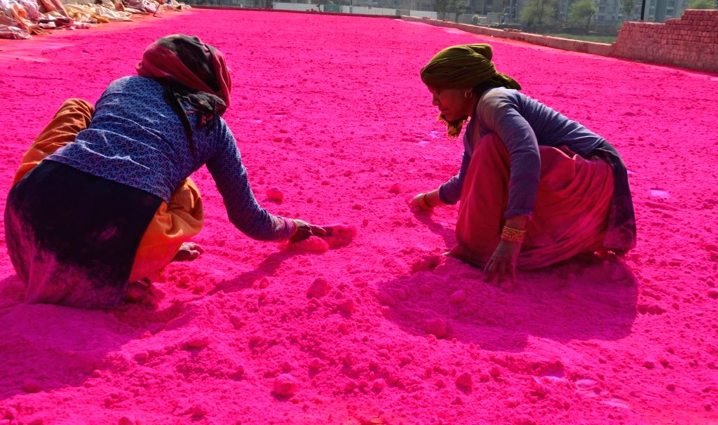 :Mathura:Workers dry coloured powder(Gulal) ahead of holi festival.