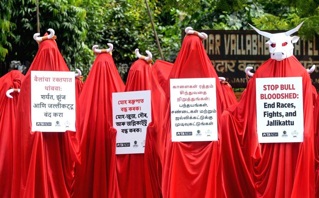 Members of PETA stage a demonstration at Jantar Mantar
