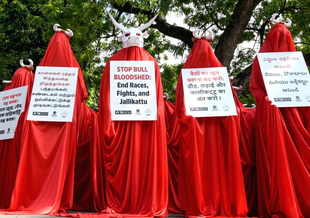 Members of PETA stage a demonstration at Jantar Mantar