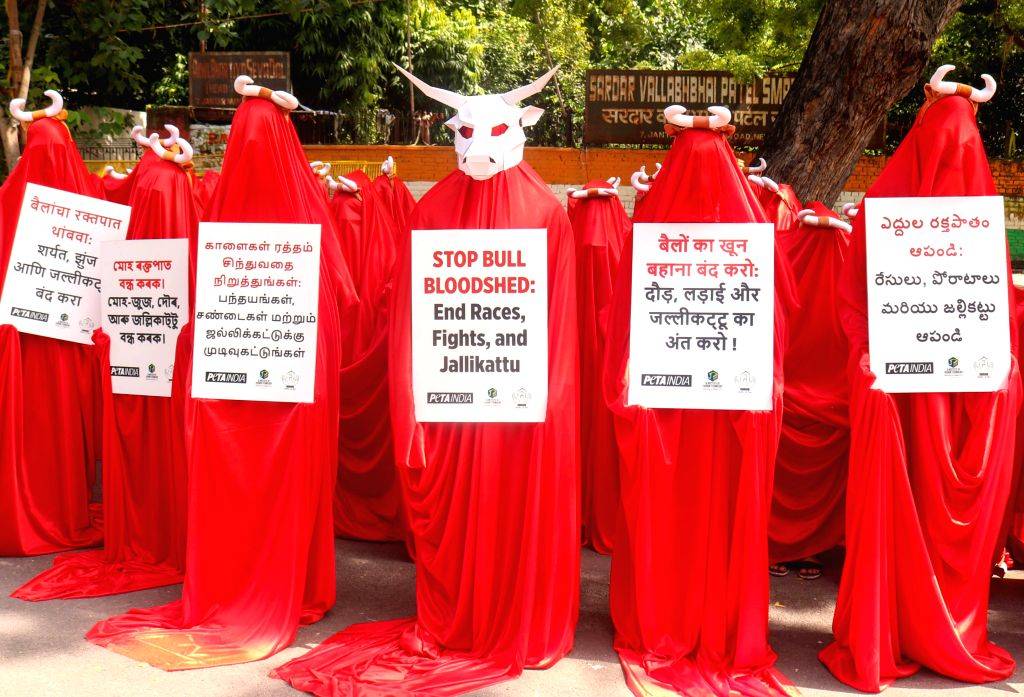 Members of PETA stage a demonstration at Jantar Mantar