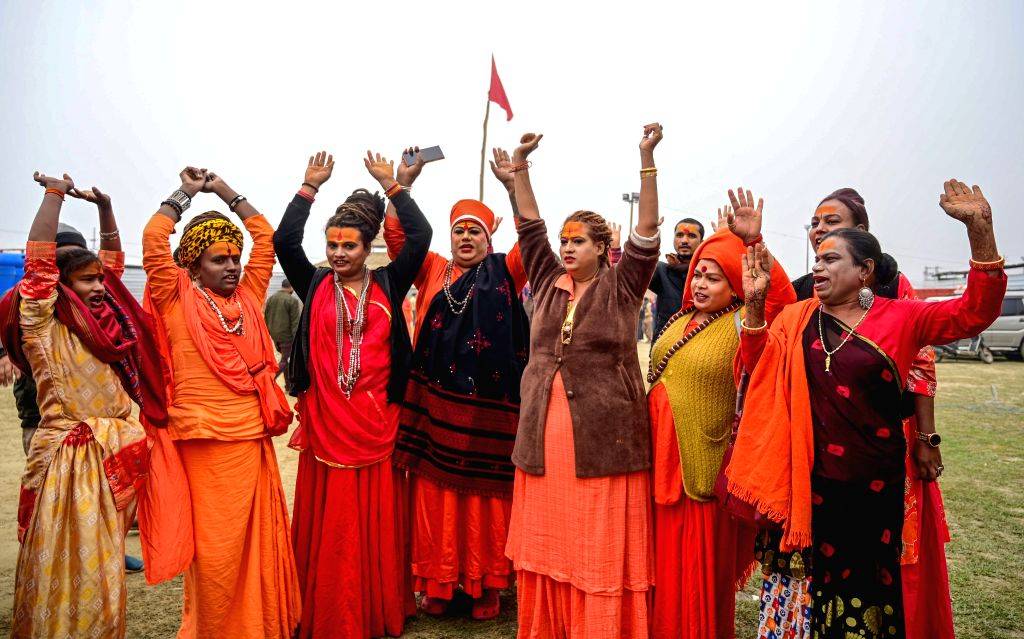 Members of the 'Kinnar Akhada' performs ritual at the Triveni Sangam,