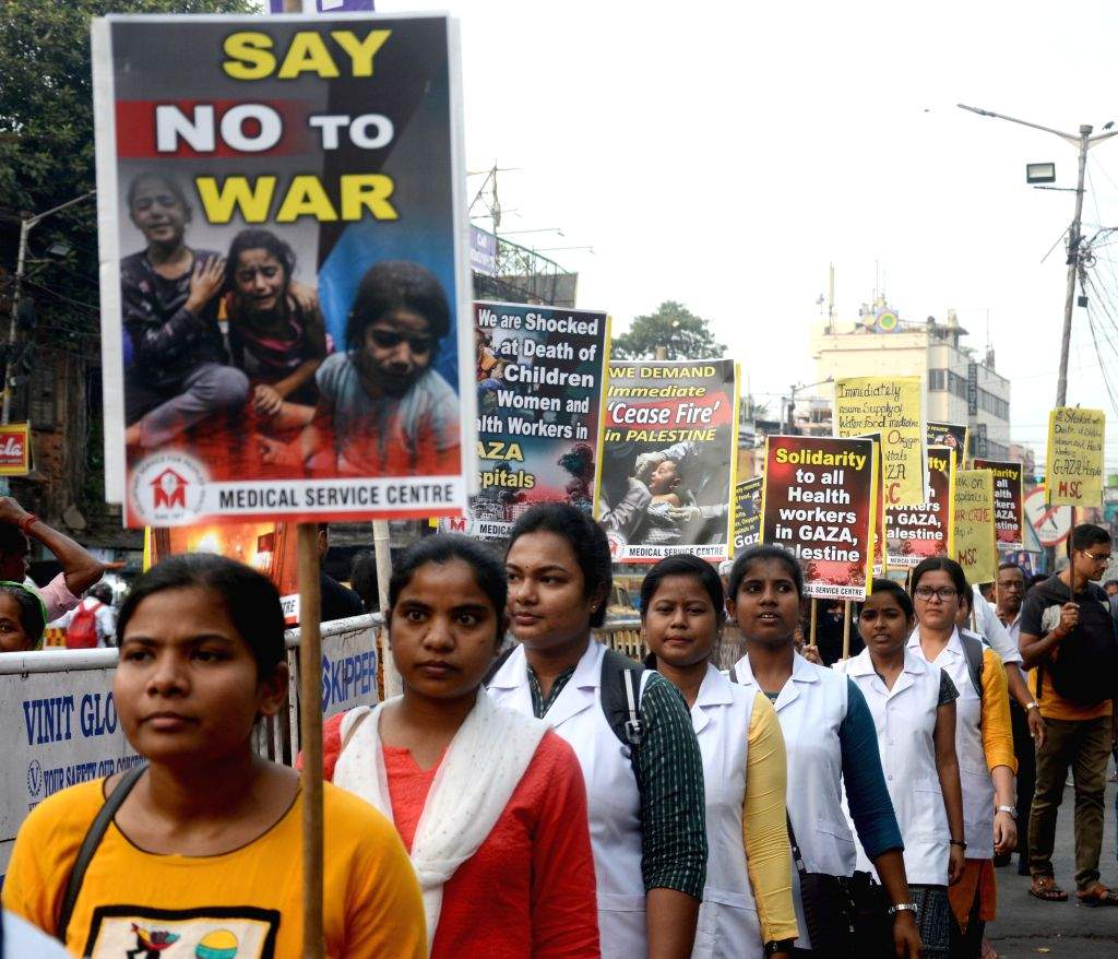 Members of the Medical Service Centre take out a protest march
