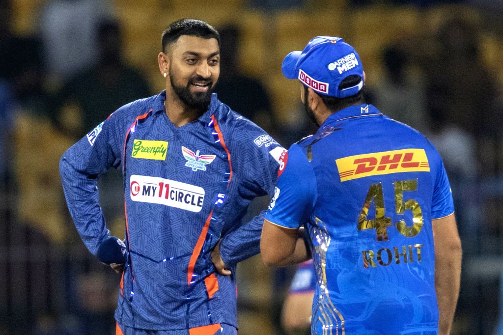 MI's captain Rohit Sharma and LSG's captain Krunal Pandya during the toss