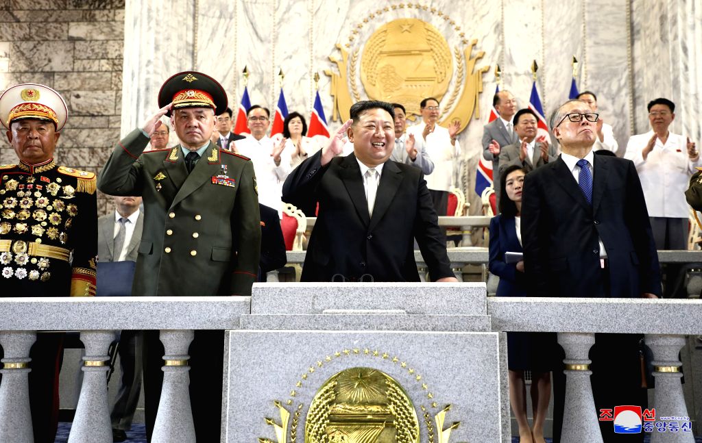 Military parade at Kim Il-sung Square in Pyongyang on the night of July ...