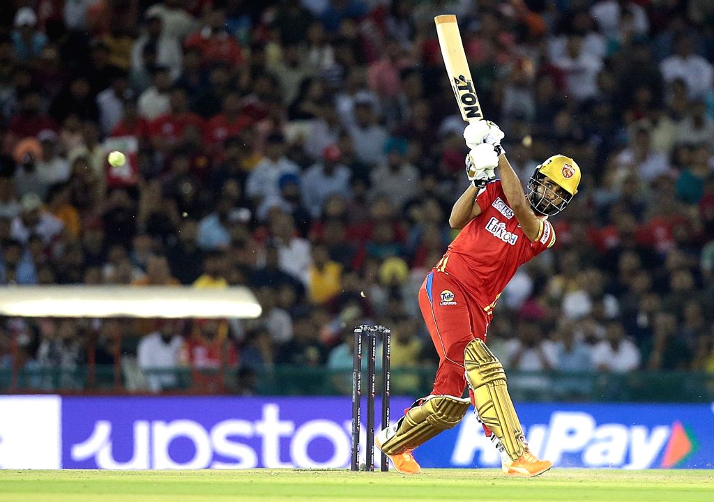 Mohali : Punjab Kings' Harpreet Brar plays a shot
