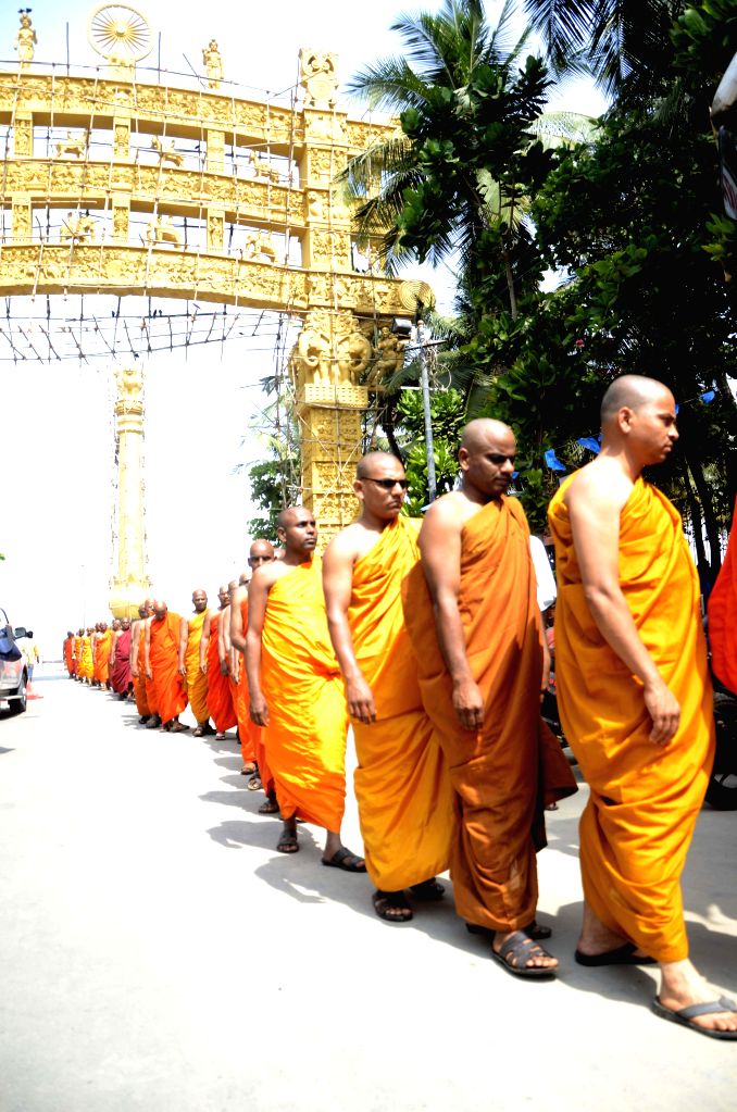 Buddhist monks arrive at Chaitya Bhoomi