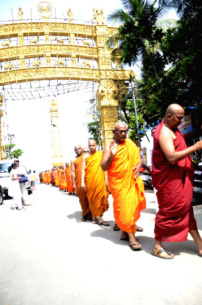 Buddhist monks arrive at Chaitya Bhoomi