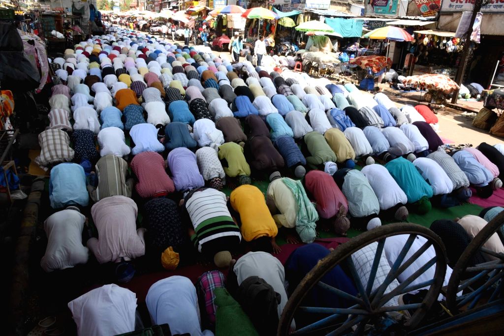 Muslims offer namaz during the last Friday of holy month of Ramzan