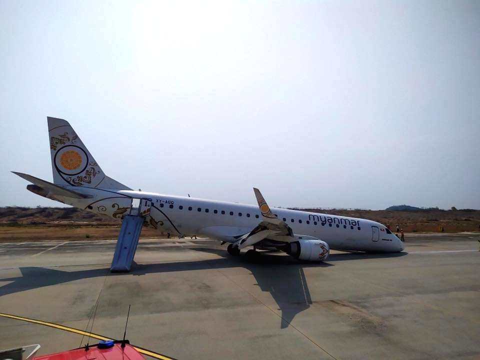 Myanmar Airline's Embraer lands on its nose at Mandalay Airport