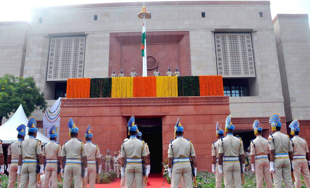 National flag hoisting ceremony at 'Gaja Dwar' in new Parliament