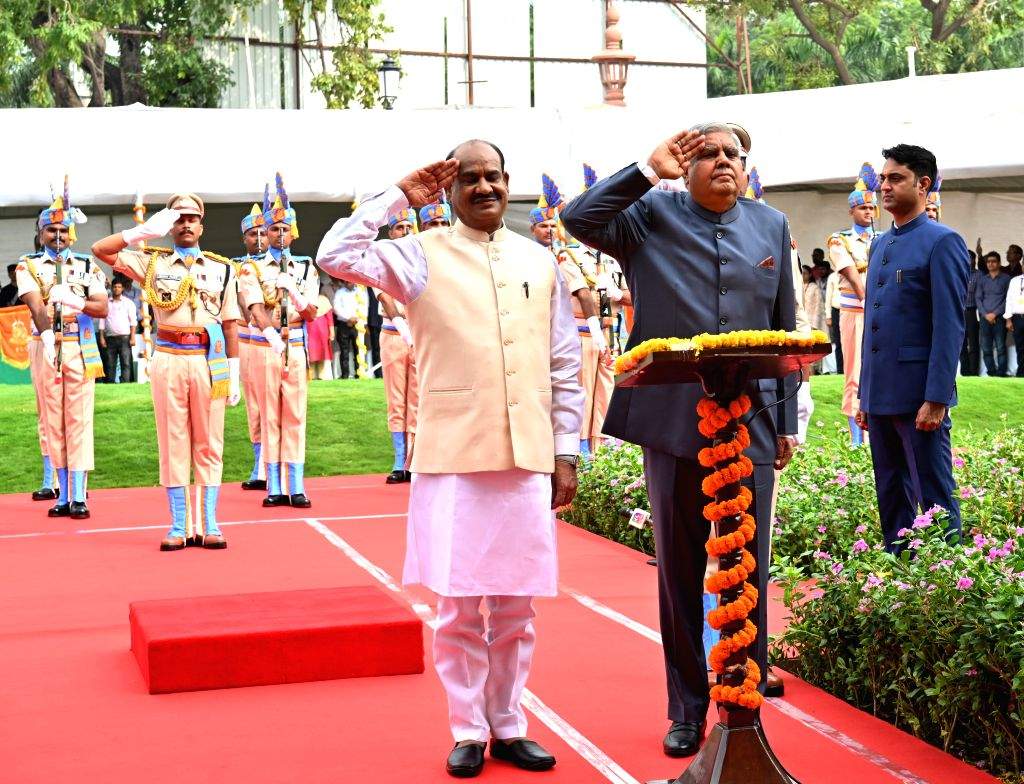 National flag hoisting ceremony at 'Gaja Dwar' in new Parliament