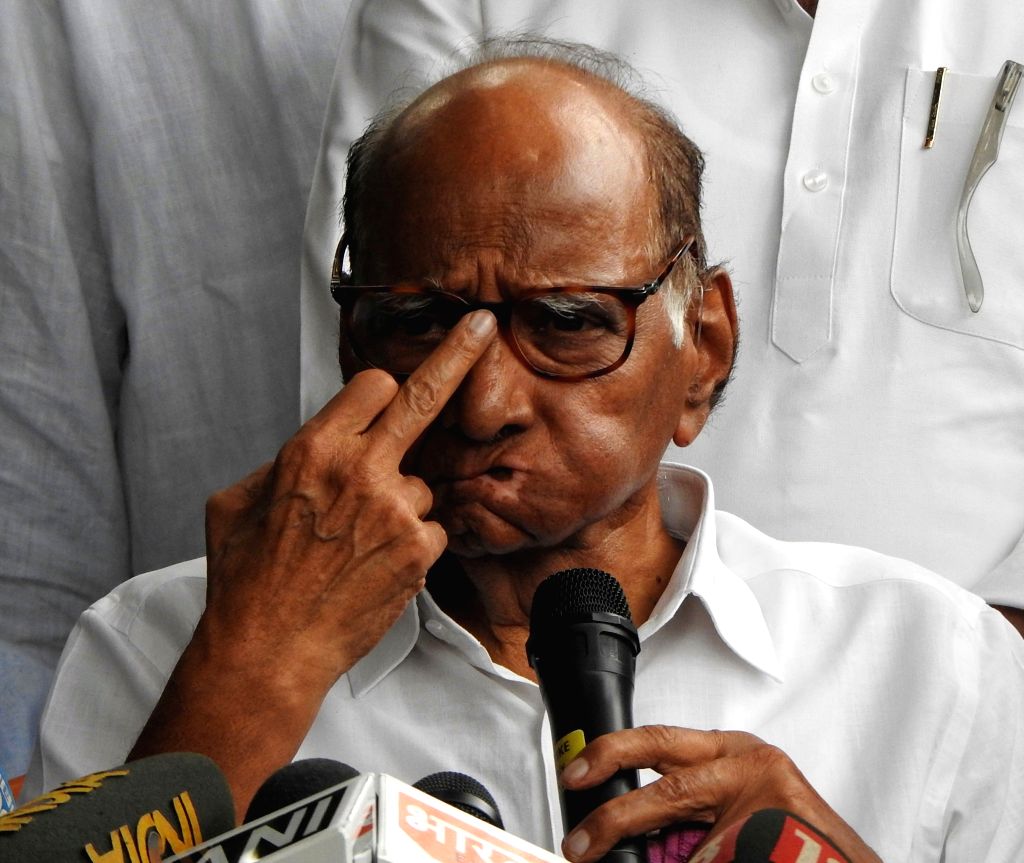 Nationalist Congress Party (NCP) chief Sharad Pawar addresses the media