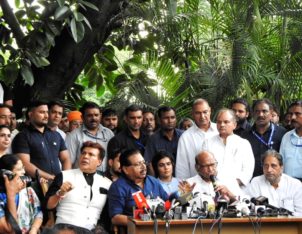 Nationalist Congress Party (NCP) chief Sharad Pawar addresses the media