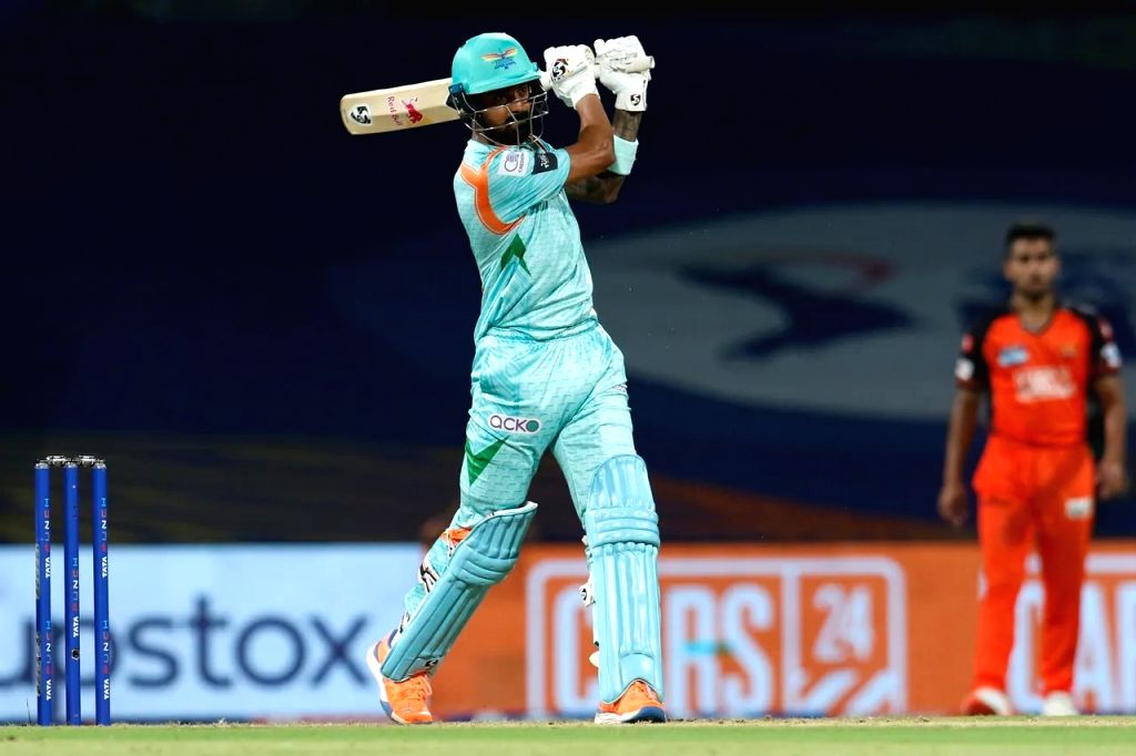 :Navi Mumbai:Lucknow SuperGiants Captain KL Rahul plays a shot.