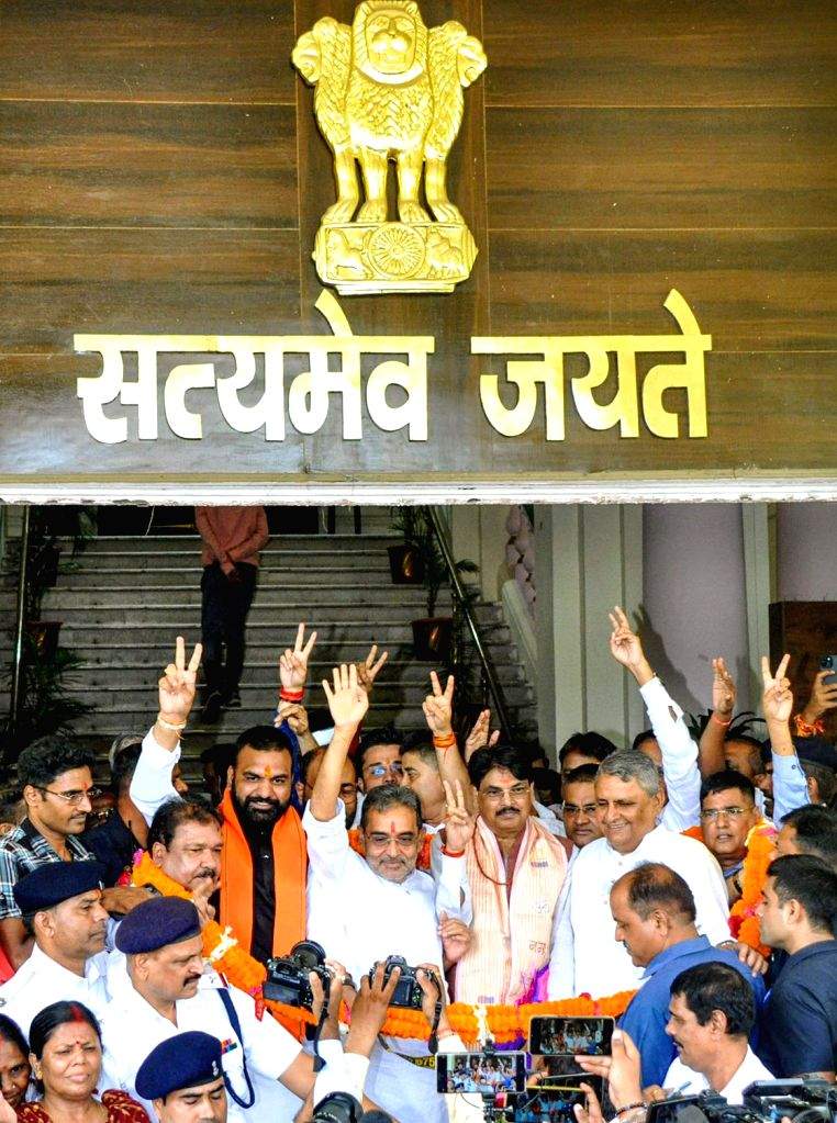 NDA candidates Manan Kumar and Upendra Kushwaha with Bihar Deputy Chief ...