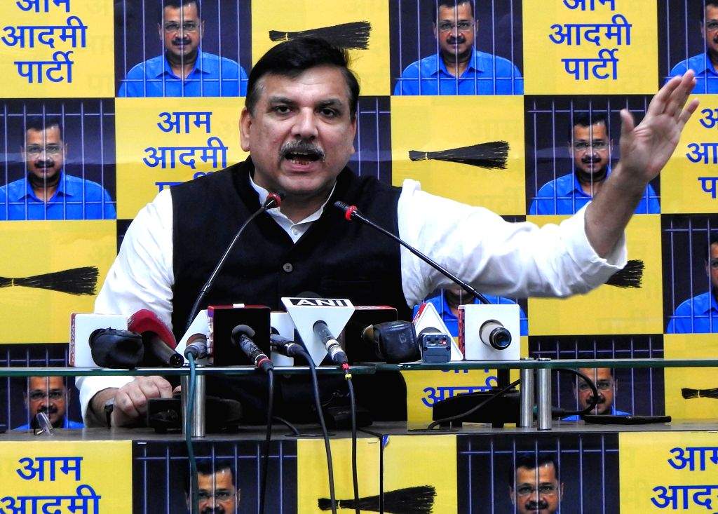 New Delhi : AAP Rajya Sabha MP Sanjay Singh addresses a press conference