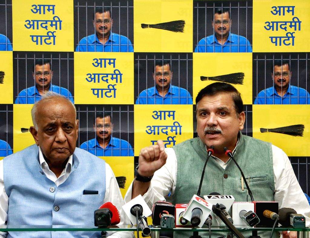 New Delhi : AAP Rajya Sabha MP Sanjay Singh addresses a press conference