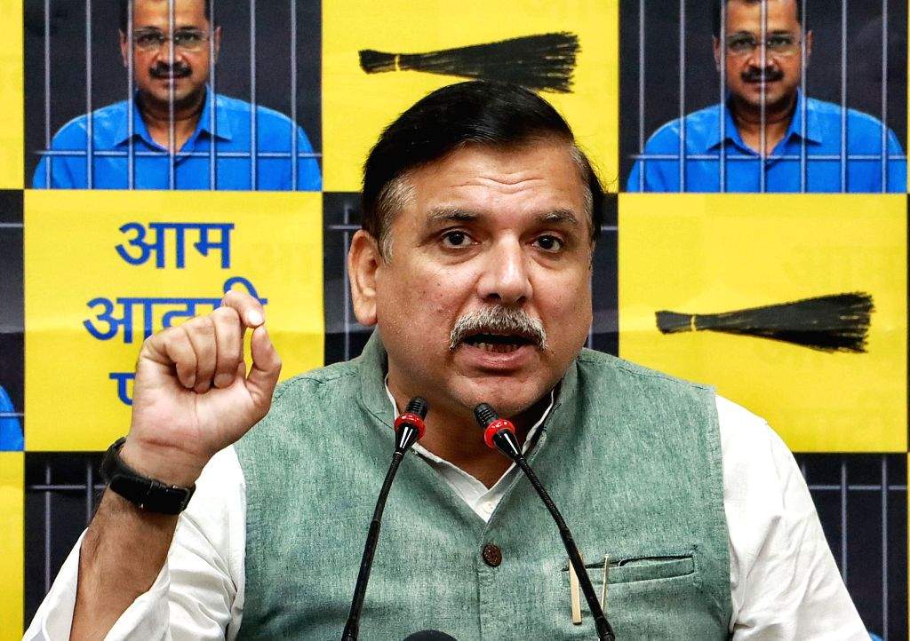 New Delhi : AAP Rajya Sabha MP Sanjay Singh addresses a press conference