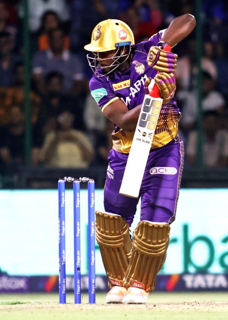 New Delhi : Andre Russell of Kolkata Knight Riders plays a shot