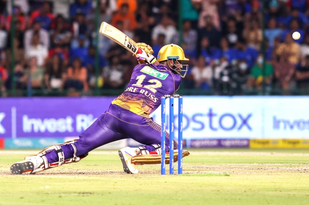New Delhi : Andre Russell of Kolkata Knight Riders plays a shot
