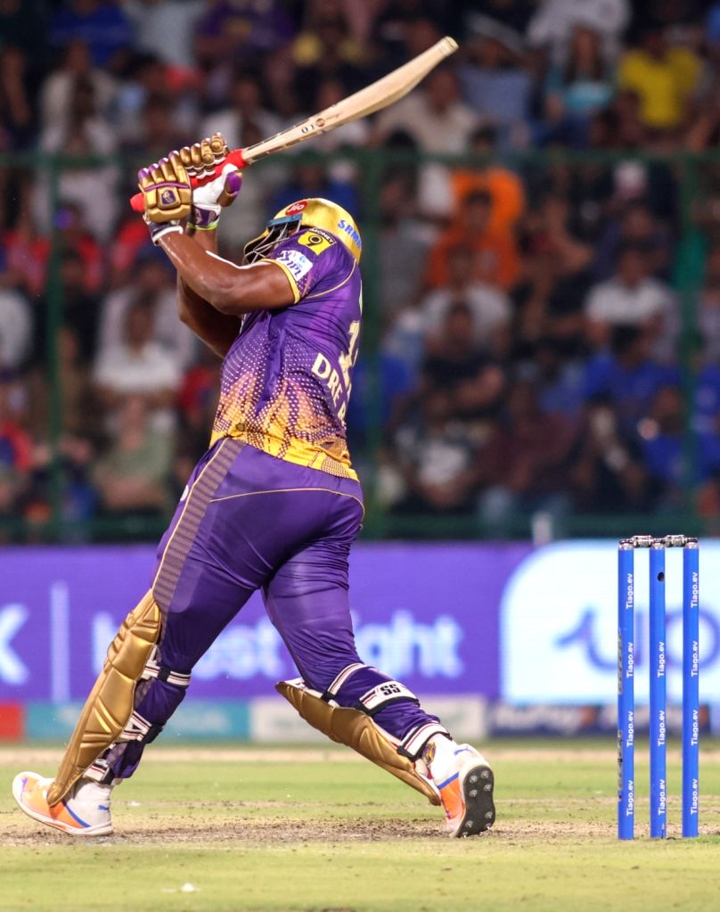 New Delhi : Andre Russell of Kolkata Knight Riders plays a shot