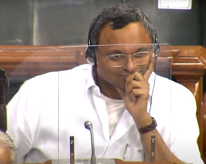 :New Delhi:Congress MP Karti Chidambaram inside the Lok Sabha during an ...