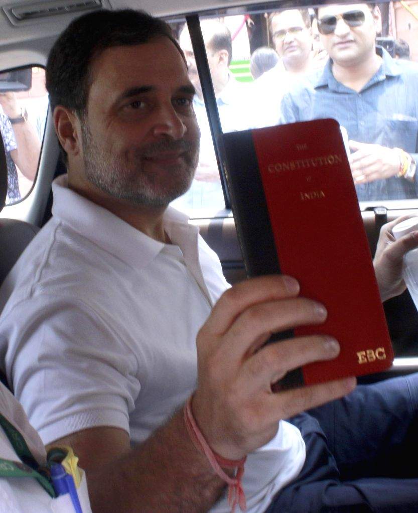 New Delhi:Congress MP Rahul Gandhi shows copy of Constitution