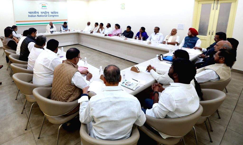New Delhi : Congress President Mallikarjun Kharge with party leaders ...