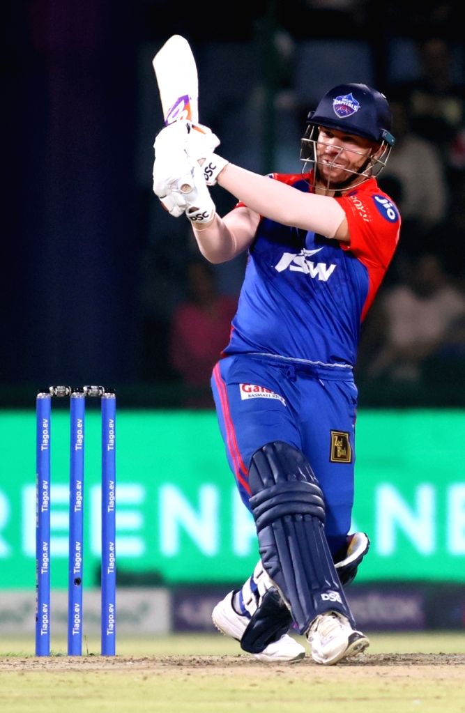 : New Delhi : DC's captain David Warner plays a shot during the IPL ...