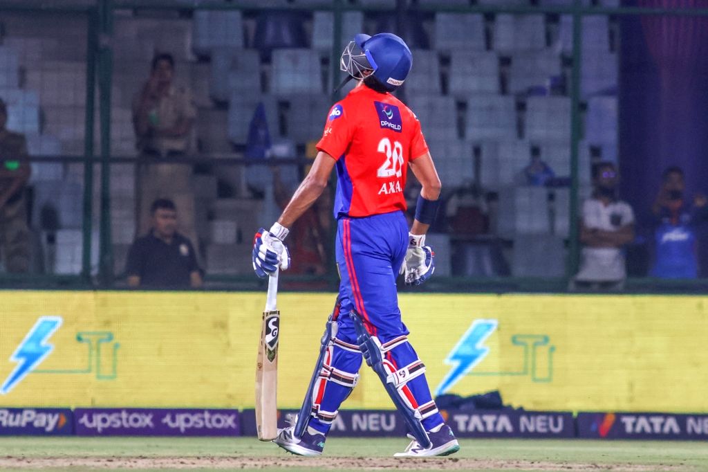 New Delhi : Delhi Capitals' Axar Patel reacts after making a winning shot