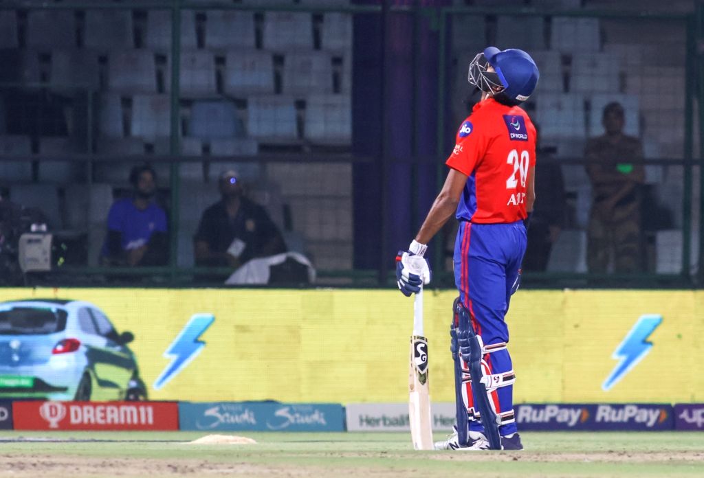New Delhi : Delhi Capitals' Axar Patel reacts after making a winning shot