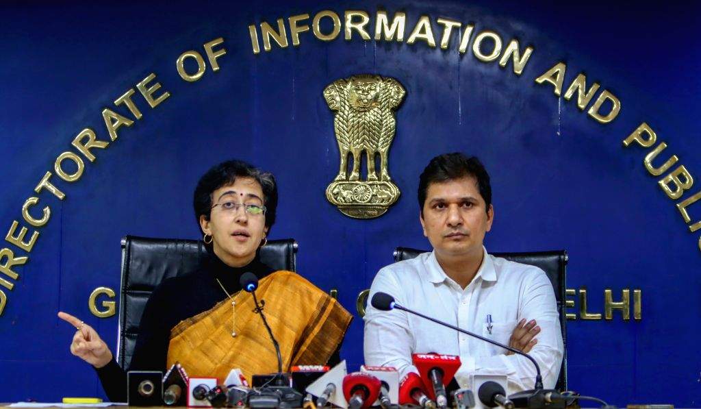 New Delhi : Delhi Ministers Atishi and Saurabh Bhardwaj during a press ...