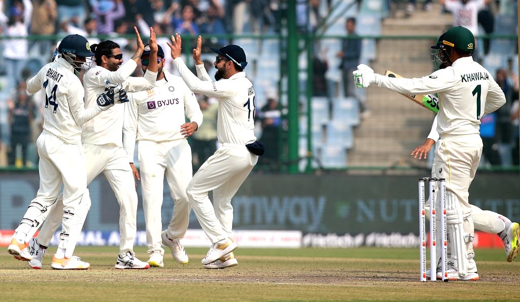 : New Delhi : Indian all-rounder Ravindra Jadeja celebrates the wicket ...