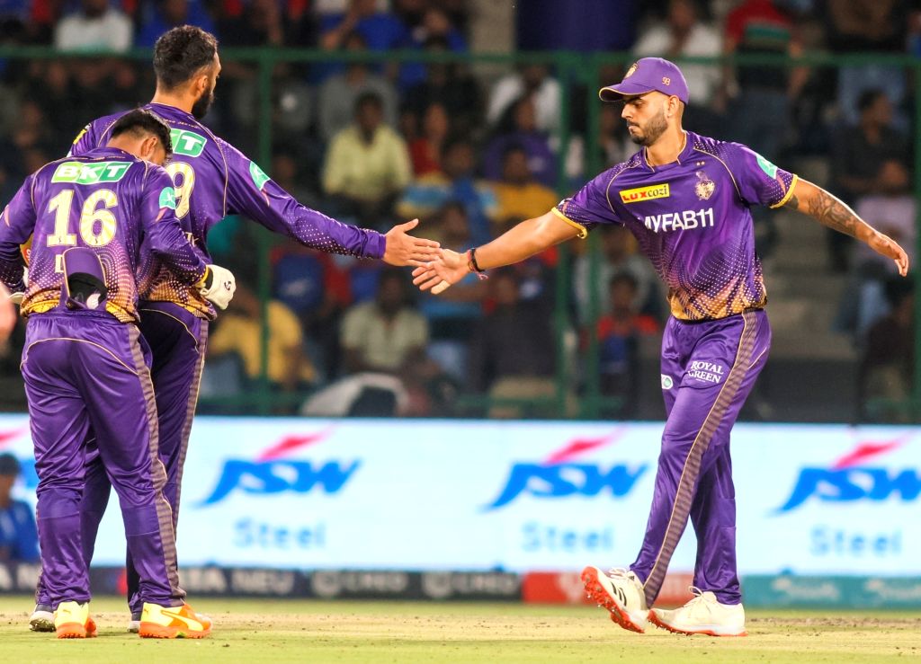 New Delhi : KKR's Varun Chakaravarthy celebrates the dismissal of DC's ...