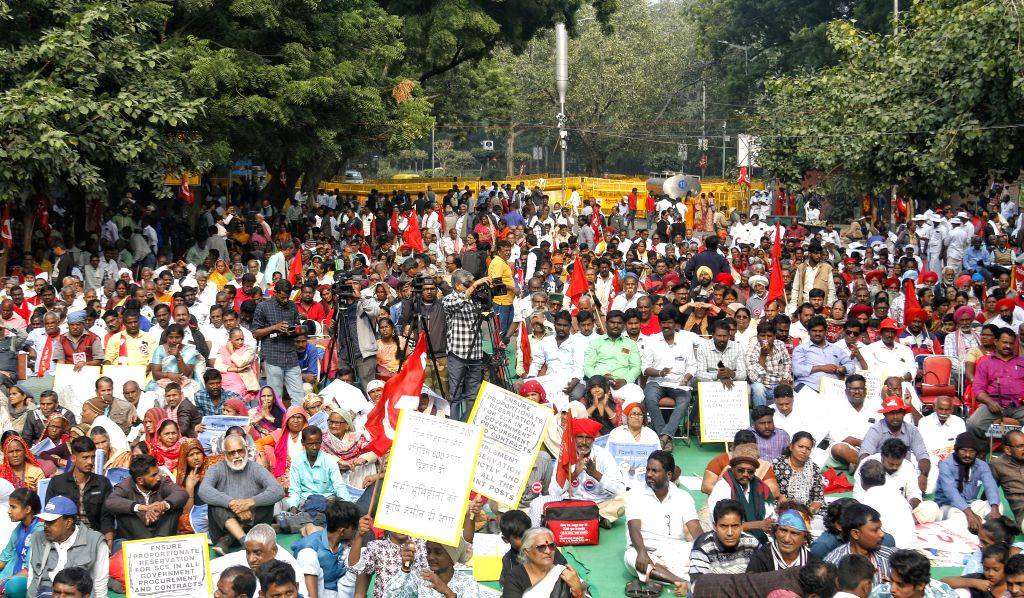 People from the Dalit community stage a protest at Jantar Mantar