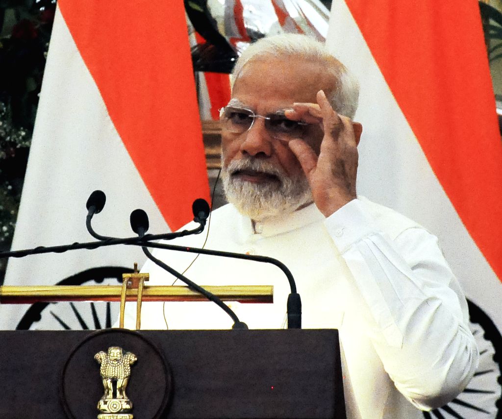 New Delhi : PM Modi during the joint press statement at the Hyderabad House