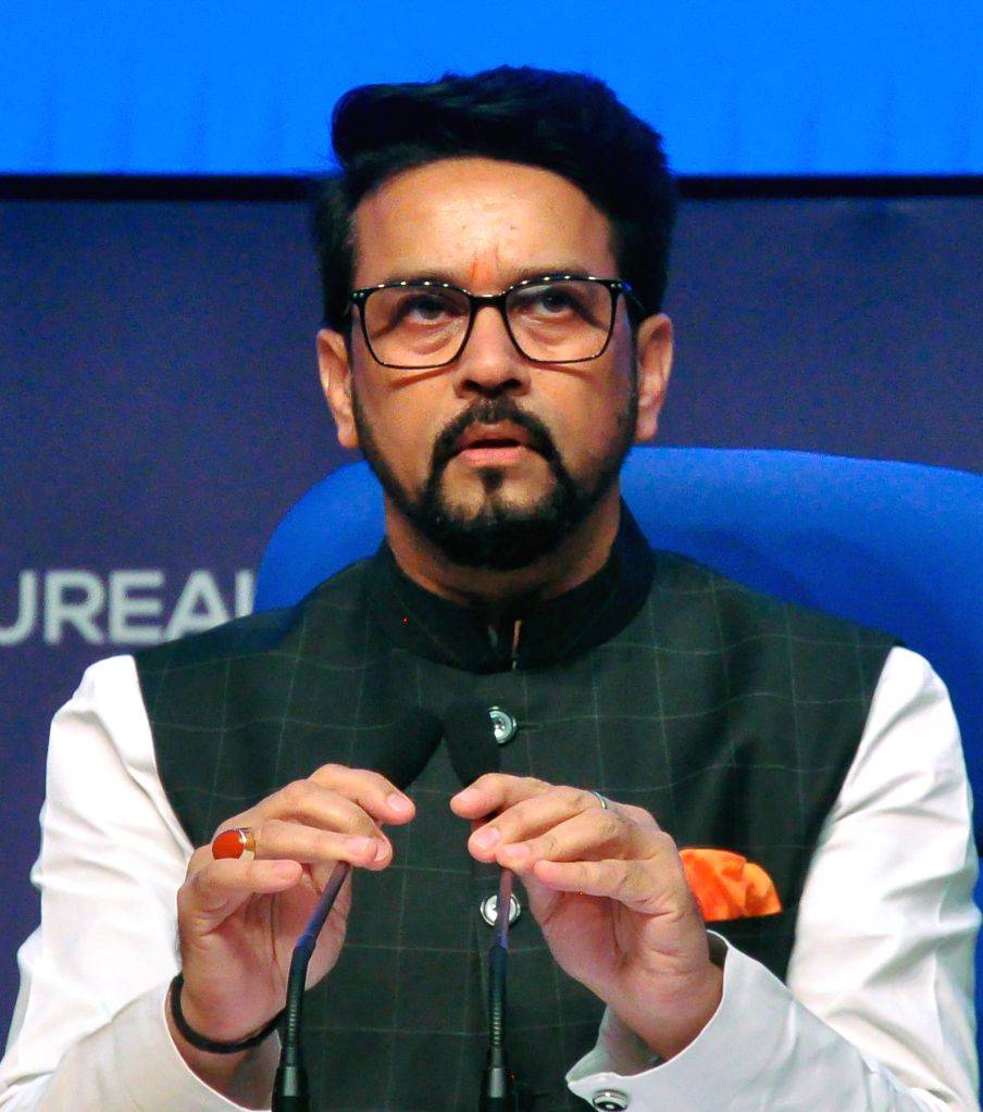 New Delhi : Union Minister Anurag Thakur addresses a press conference