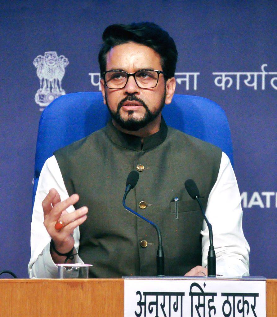 New Delhi : Union Minister Anurag Thakur addresses a press conference