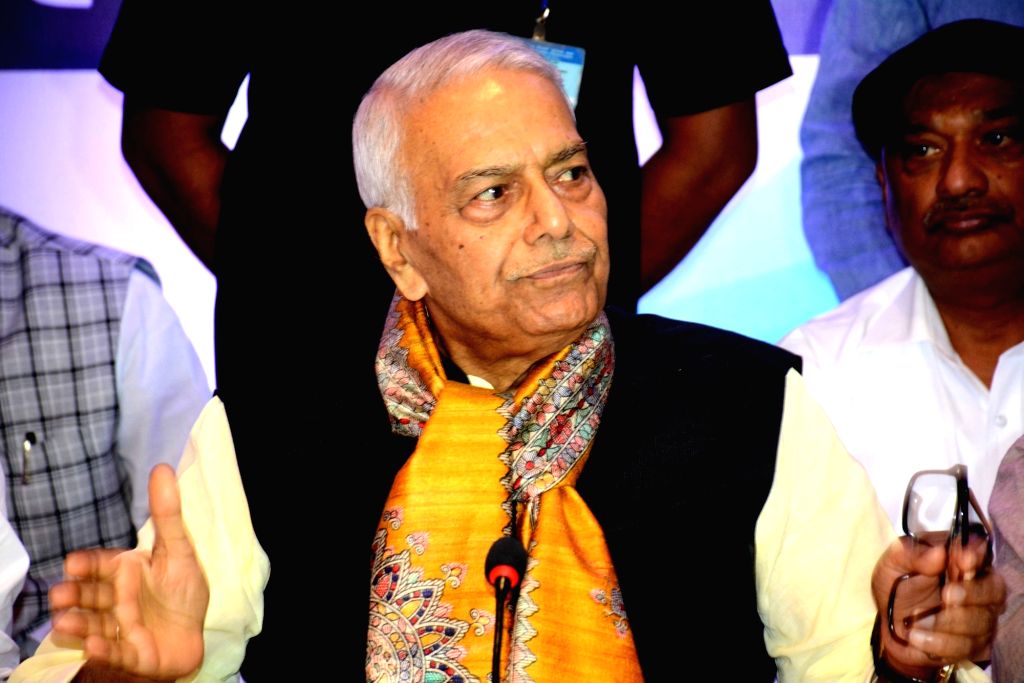 Yashwant Sinha addresses during a press conference