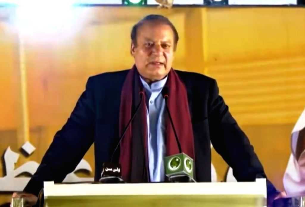 Pakistan's former Prime Minister Nawaz Sharif addresses a welcoming rally