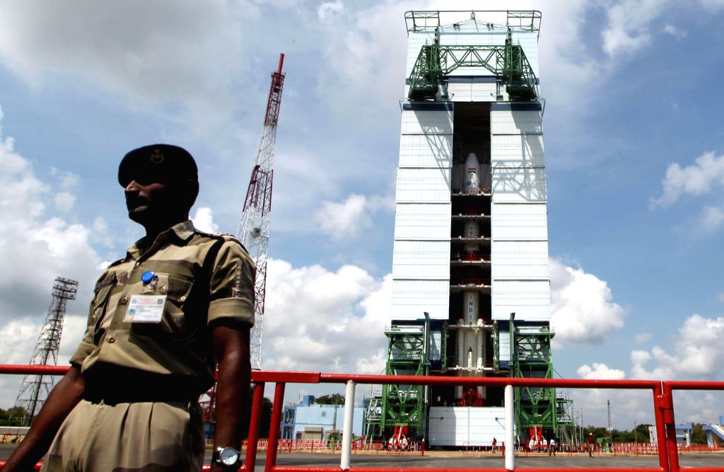 Paramilitary soldiers guard Polar Satellite Launch Vehicle (PSLV-C25)