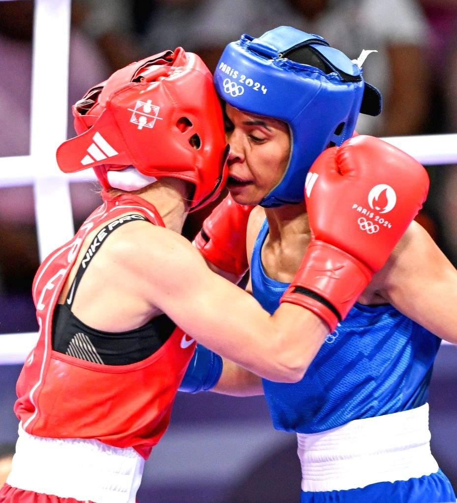 Paris : India's Nikhat Zareen during the women's 50kg boxing event at ...