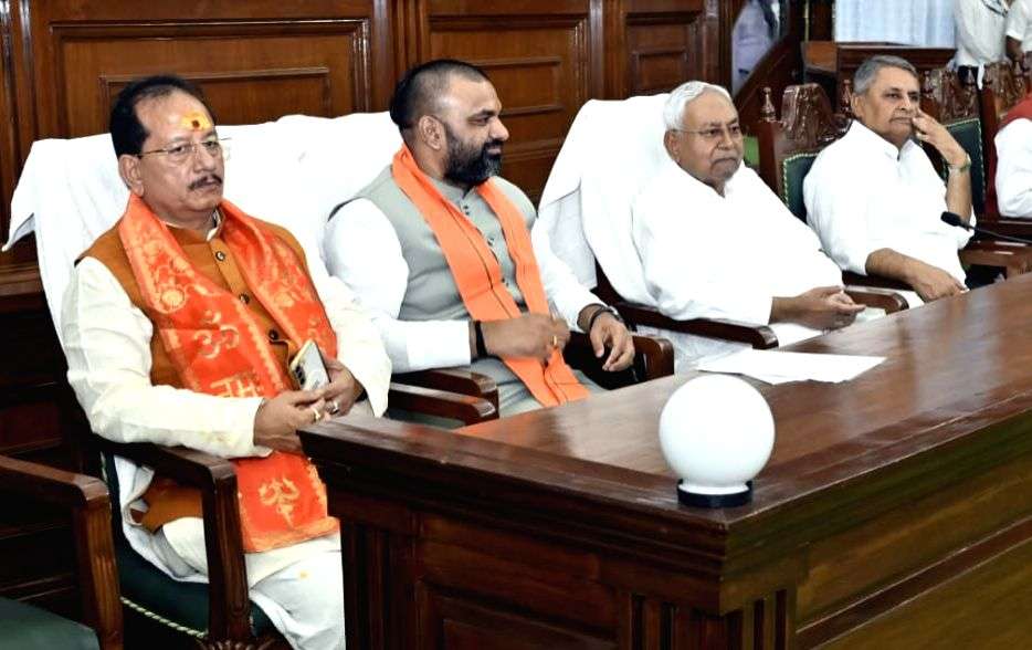 Patna : Bihar Chief Minister Nitish Kumar and others during the NDA's ...