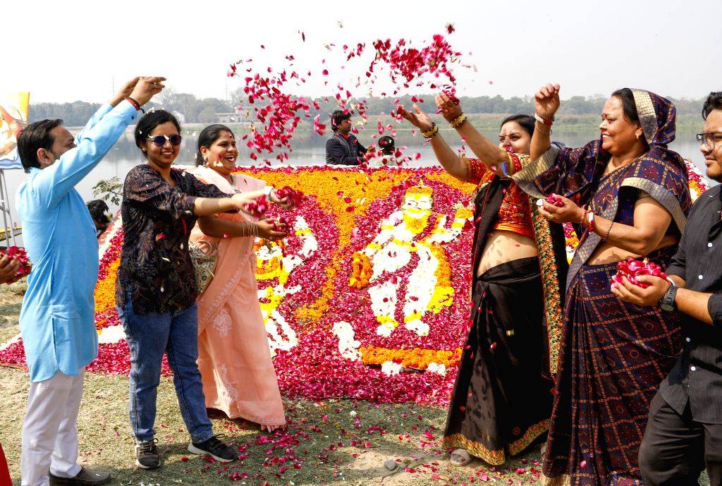 People celebrate Flower Holi on the occasion of Mahashivratri