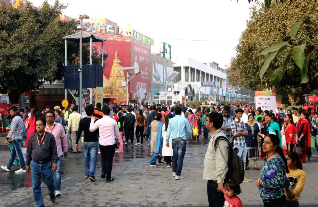 People visit stalls at the India International Trade Fair
