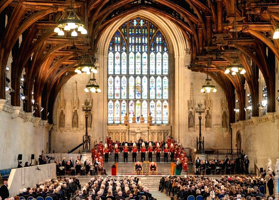 A view before Britain's King Charles III delivering his first address ...