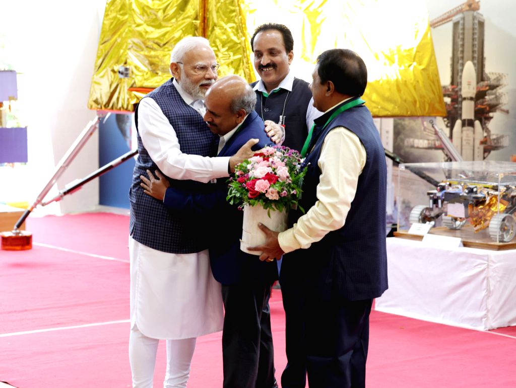 PM Narendra Modi upon his arrival to meet ISRO's team