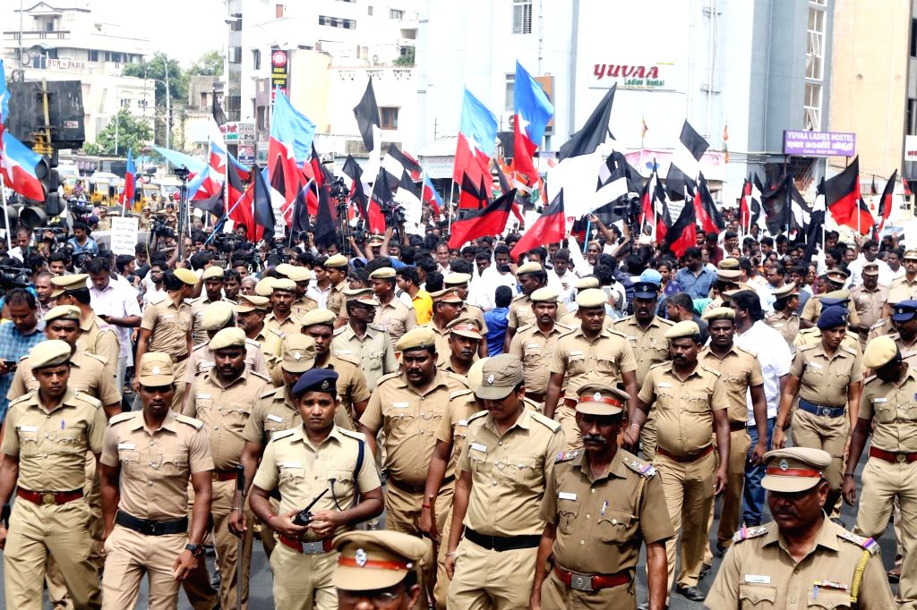 DMK MP Kanimozhi detained with party workers during a protest rally