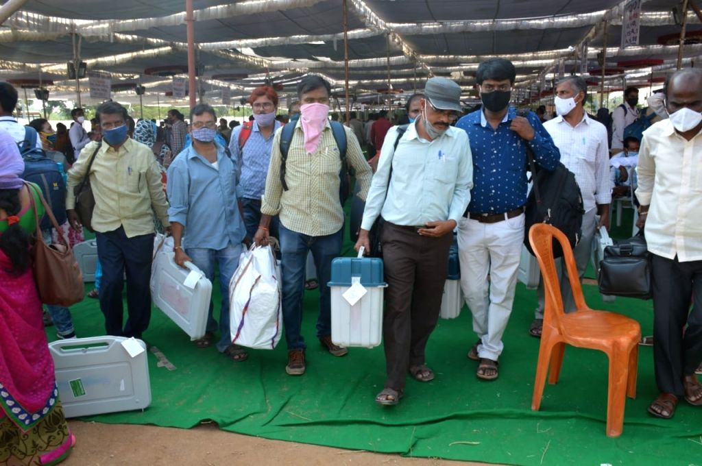 Polling officials collect election material ahead of Dubbaka Bypolls