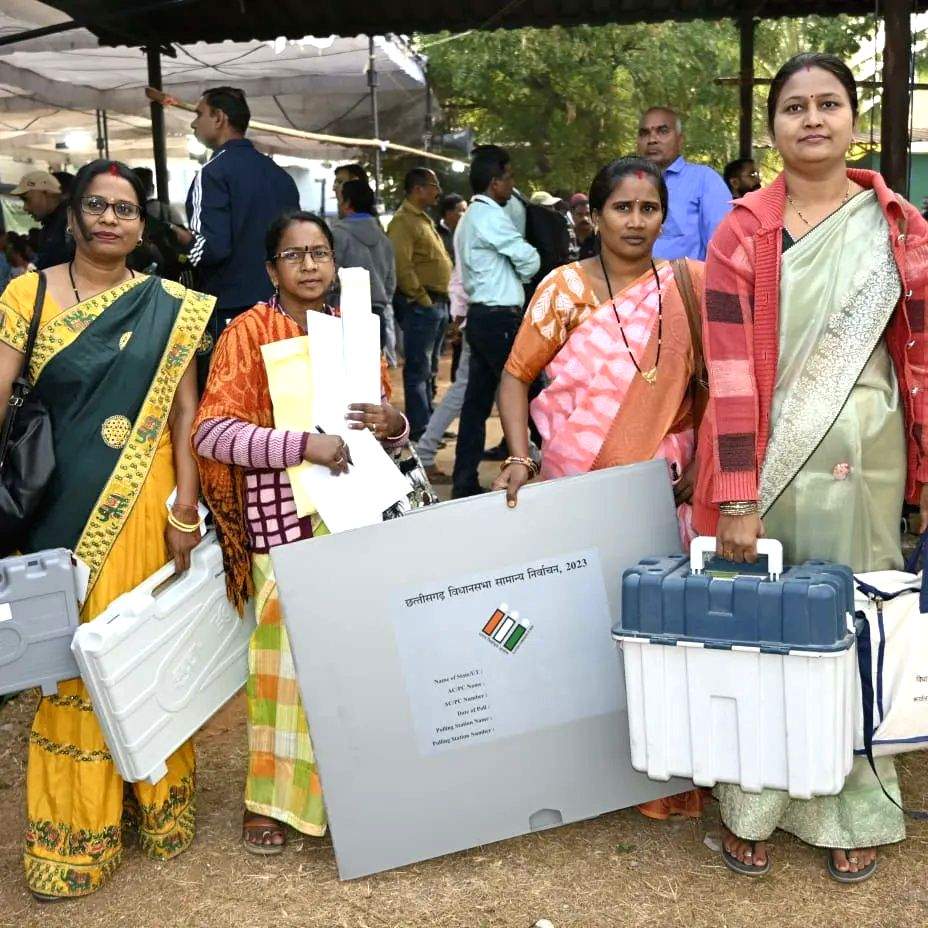 Polling officials with EVMs and other election material leave for poll duty